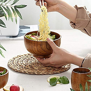 Handmade Wood Bowls, Jujube Wooden Japanese Bowls with Matching Spoon for Rice, Soup, Dip, Salad, Tea, Decoration 4 Sets (4 Bowls + 4 Spoons)