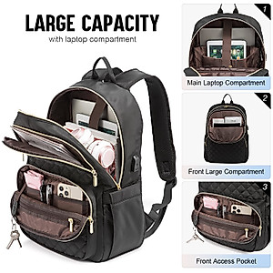 LOVEVOOK Laptop Backpack for Women, Quilted Laptop Bag Travel Backpack Purse With Anti-Theft Zipper, Stylish 15.6 Inch Work Computer Bags College School Bookbag with USB Charging Port, Black