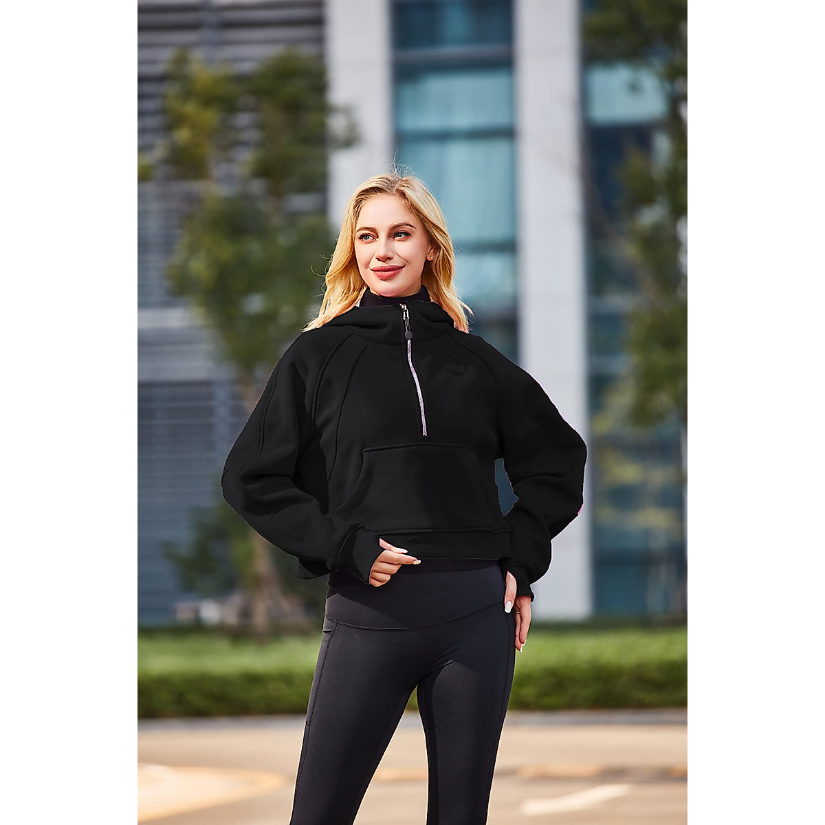 XWEAIJ Cropped Black Hoodies Oversized Sweatshirt Cute Clothes for Teen Girl Quarter Zip Pullover Women Casual Fleece Lined Thumb Hole Black Small