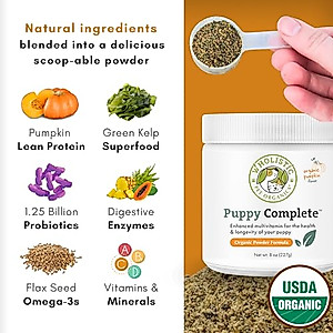 Wholistic Pet Organics Puppy Essentials - 8 Oz - Organic Pumpkin Powder Dog Supplement for Skin & Coat Health, Itching Relief, Omega 3 & Probiotics - Vitamins for Immune Support, Dog Food Additive