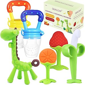 Stand-Up Teething Toys for Babies 0-6 Months 6-12 Months - Teethers with 2 × Baby Fruit Feeders and 4 × Baby Teether - BPA Free/Freezer Free - Different Soft Textures for Infant and Toddlers (Green)