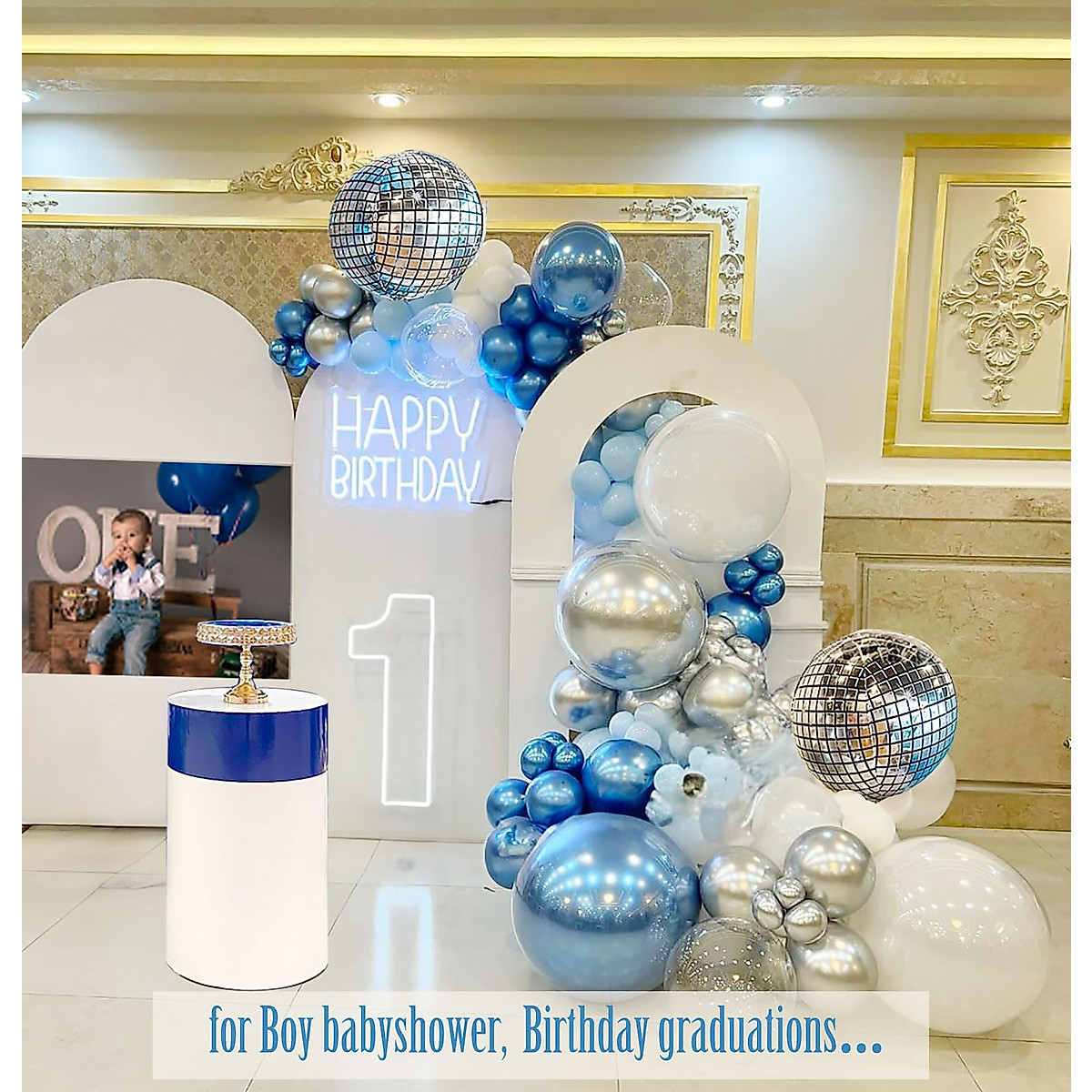 Winter Chrome Blue and silver white Balloon Garland Arch kit with Blue pearl white Disco Ball Balloons for boy baby shower Birthday 2025 Graduation Prom Party Decorations (Blue silver white)