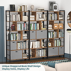 74 Inch Tall Bookshelf, 6 Tier Bookcase with Drawers, Modern Book Shelf Display Standing Shelf Units with Storage, Wood and Metal Bookshelves for Living Room, Bedroom, Home Office, Rustic Brown