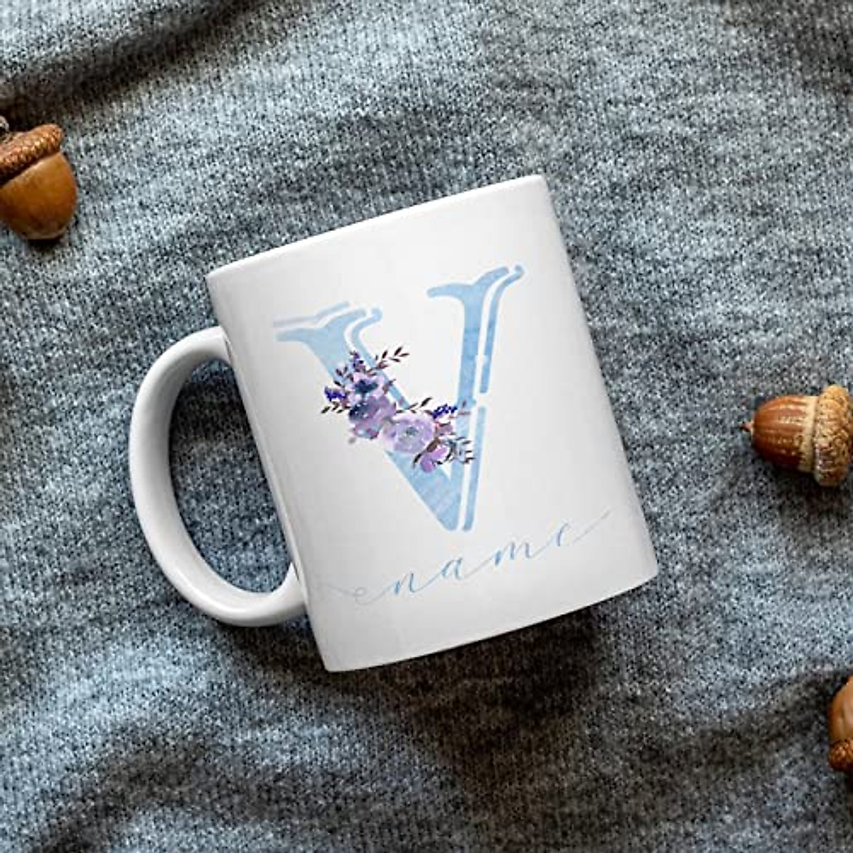 Monogram Letter V Coffee Mugs Watercolor Blue Letter Purple Flower Funny Coffee Mugs Alphabet Letters Ceramic Cup White Drinking Cups with Handle Novelty Gift For Espresso Latte Milk Tea 11oz