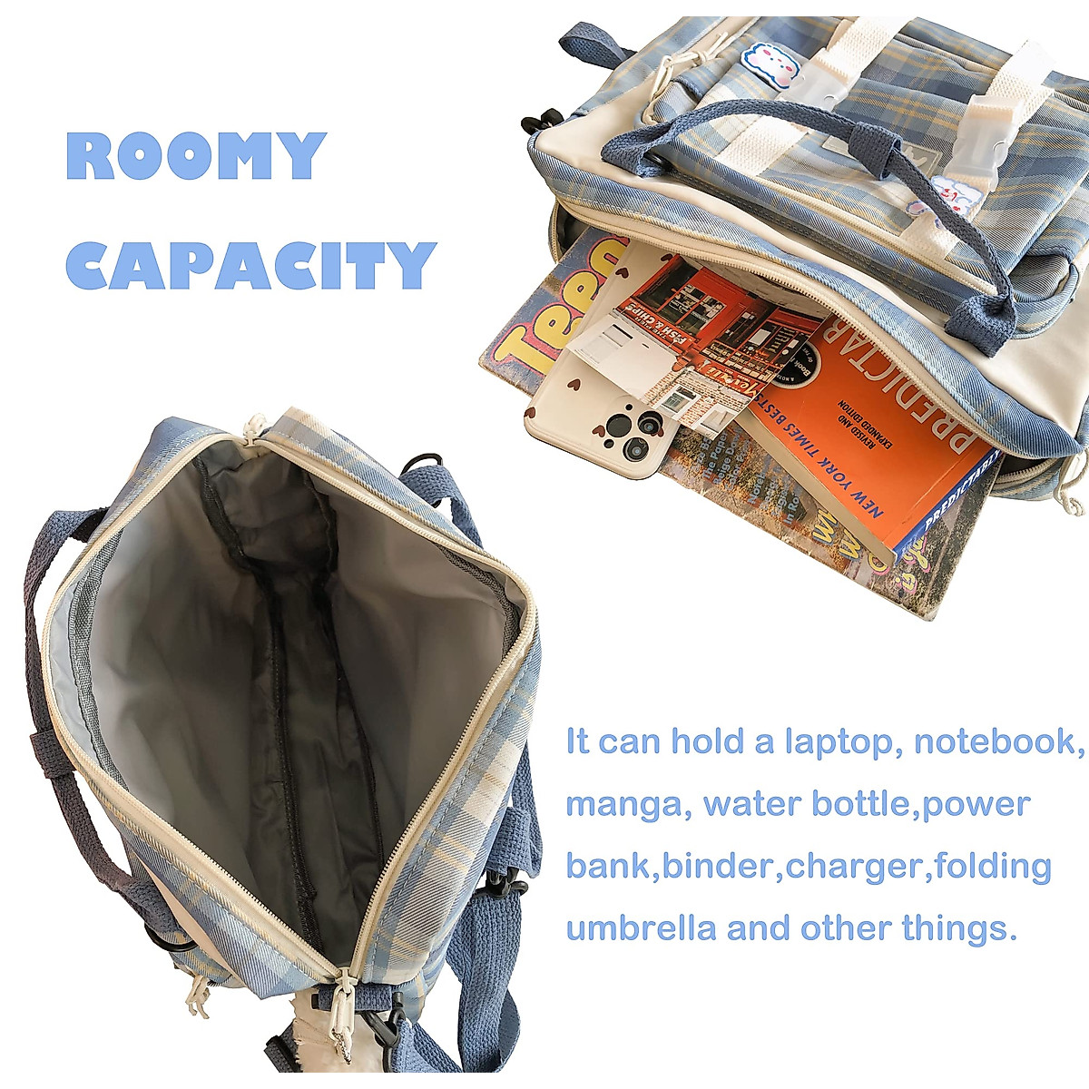 Dcepem Kawaii Backpack with Bear Pins and Plush Accessories Ita Bag Tote Back Japanese Handbag School Bag for Girls&women(blue)