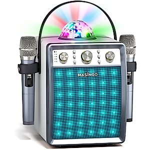 MASINGO 2023 Karaoke Machine for Adults & Kids with 2 Wireless Microphones - Portable Singing PA Speaker System Set w/Two Bluetooth Mics, Disco Ball Party Lights & TV Cable - Ostinato M7