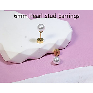 6mm Pearl Stud Earrings Flat Screw Back,14K Gold Pearl Cartilage Helix Earrings Hypoallergenic 316L Surgical Steel Piercing Jewelry Gift for Girls Women Toddlers(6mm Pearl, Gold)