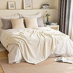 MIULEE Fleece Throw Blanket with Stripe Pattern for Couch Super Soft Fuzzy Flannel Cream White Blanket Plush Warm Cozy Bed Blanket for Sofa Chair Twin Size 60"x80"