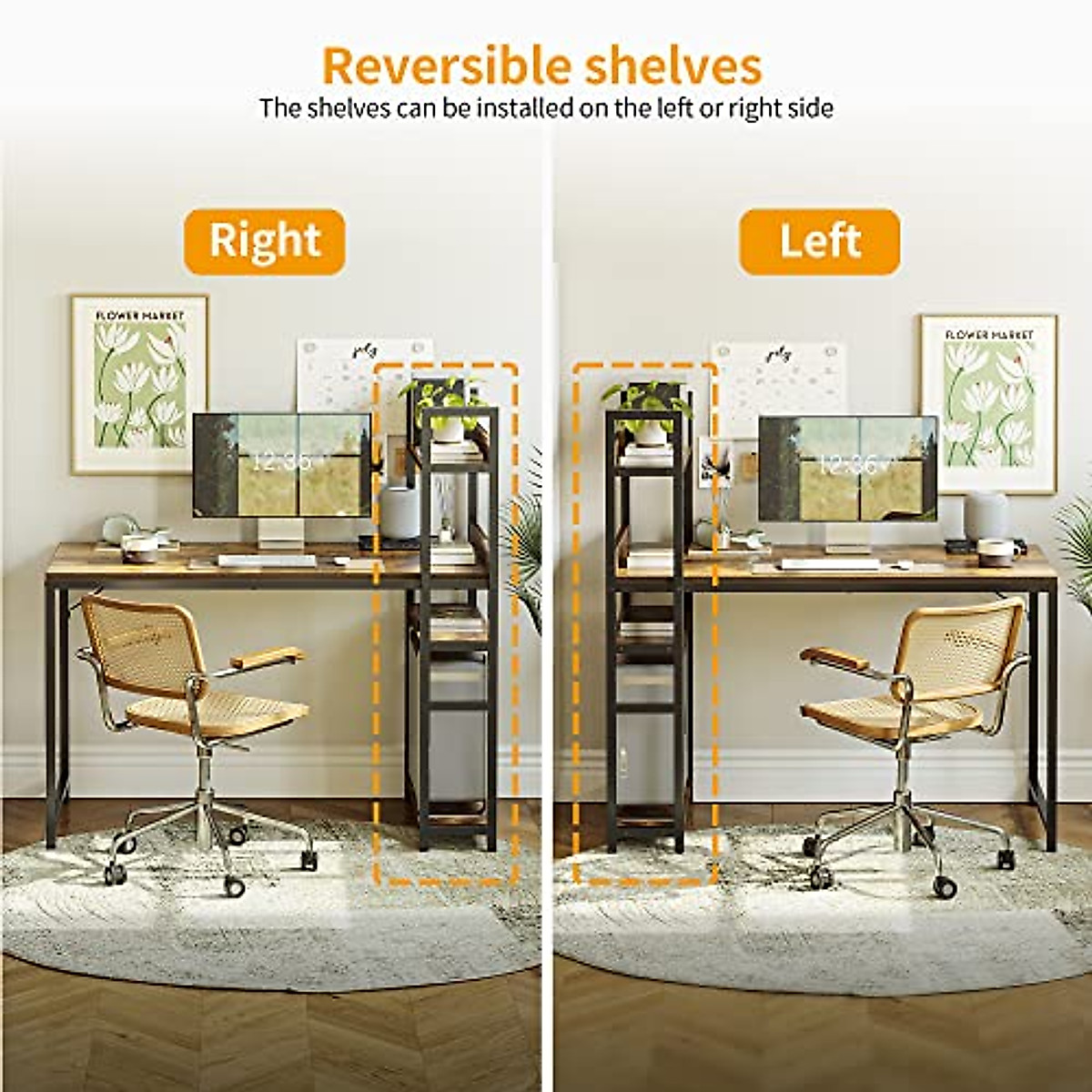 CubiCubi Computer Desk 55 inch with Storage Shelves Study Writing Table for Home Office,Modern Simple Style, Rustic Brown