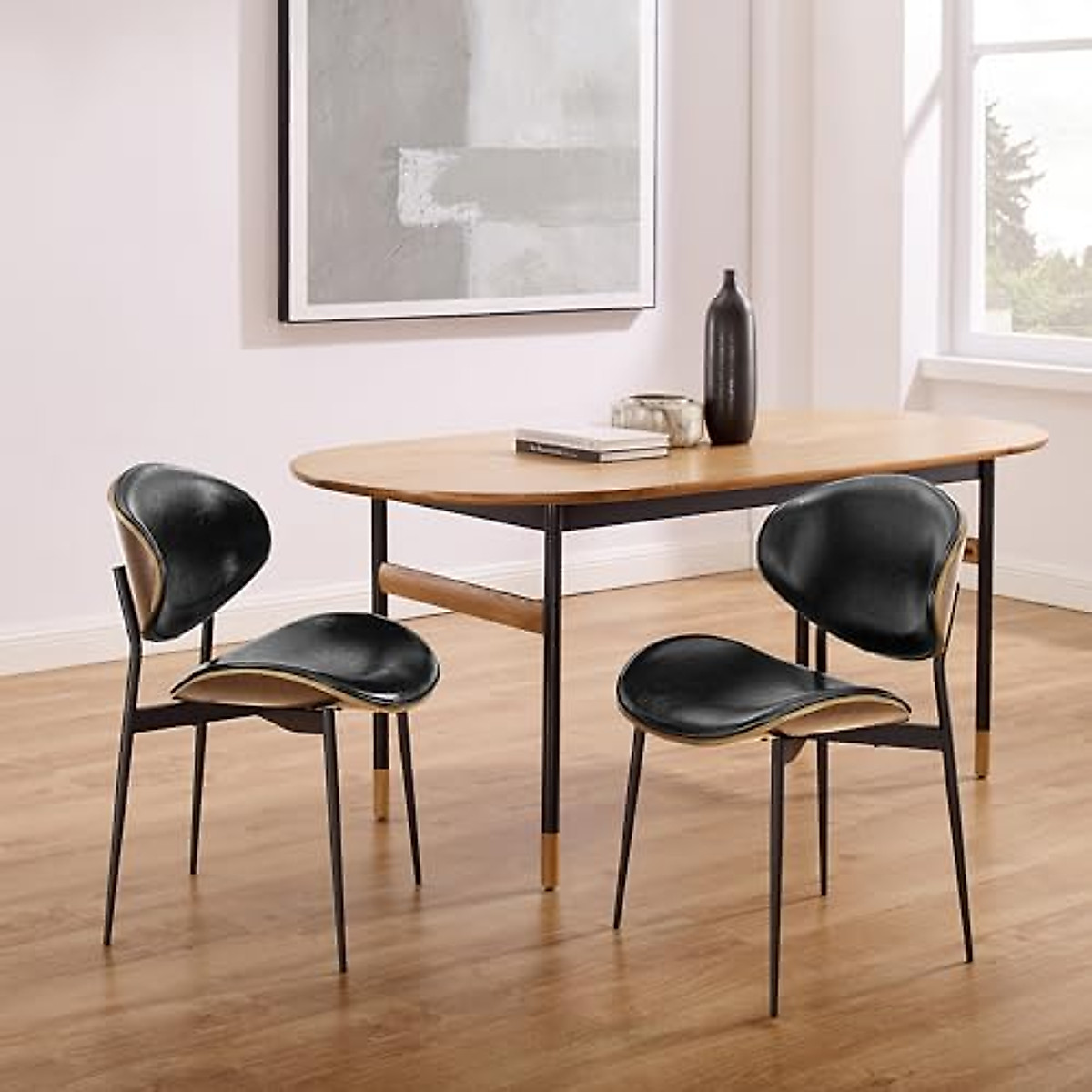 Art Leon Modern Faux Leather Dining Chairs, Mid Century Desk Chair No Wheels, Armless Accent Chair with Black Metal Legs, Set of 2, Black/Walnut