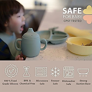 Clover Clover 9 Piece Baby Led Weaning Supplies- Toddler Feeding Set- Silicone Divided Suction Plate with Lid, Suction Bowl, Sippy Cup, 2 Bibs, 2 Soft Spoons and Fork 6 Months+ (Ether)