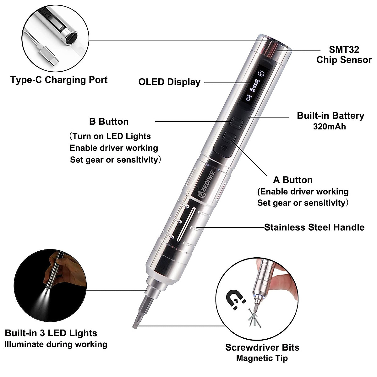 SEQURE ES126 Electric Screwdriver Portable Cordless Screwdriver Set with 25 Magnetic Bits, OLED & LED, Motion Control, 4 Gears Torque Rechargeable Electronic Repair Tool Set for PC Watch Camera