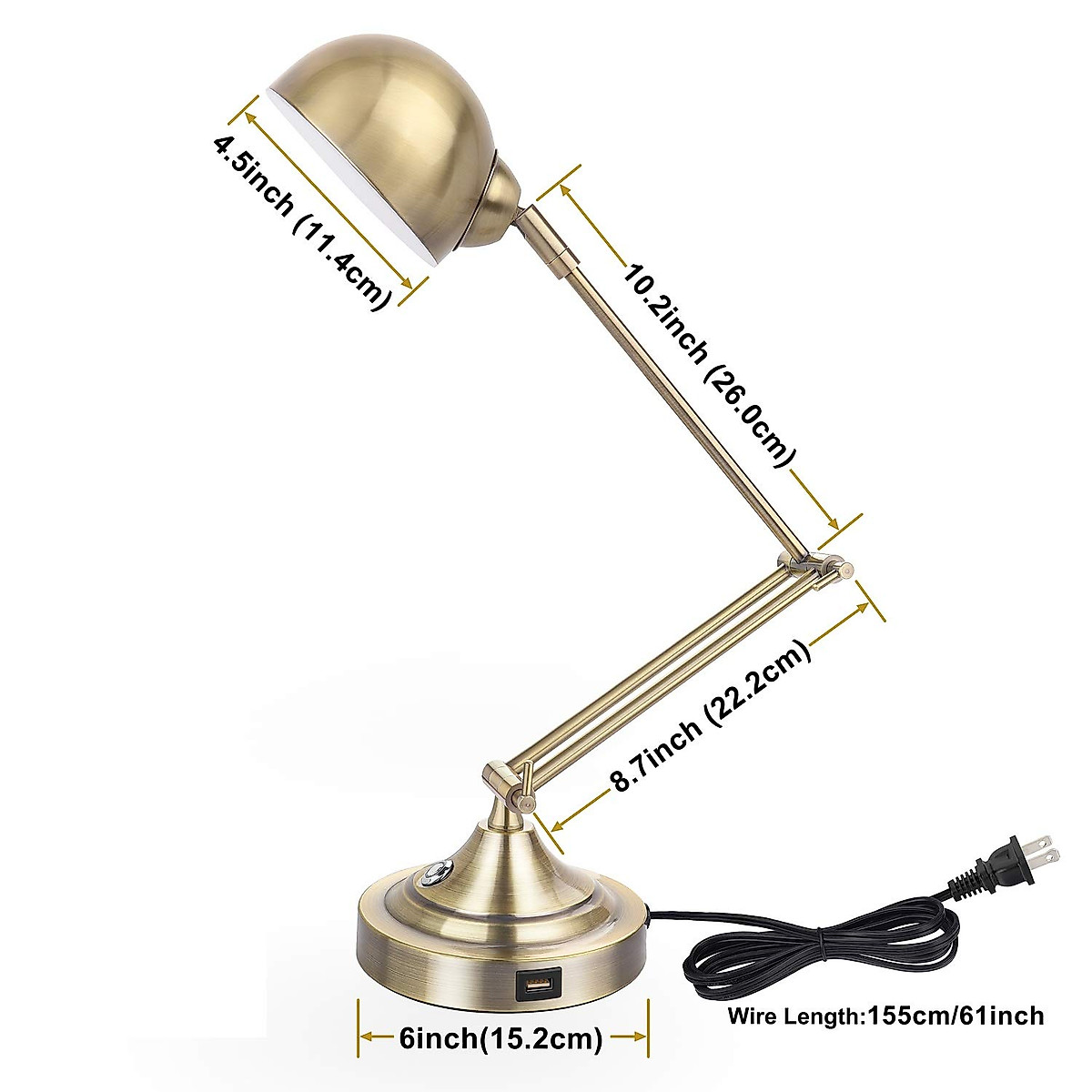 Mlambert 3-Color in 1 LED Desk Lamp with USB Charging Port, Swing Arm, Fully Dimmable, Eye-Caring Task Lamp, Touch Control Brass Metal Architect Drafting Table Lamp for Bedside, Office, Work, Reading