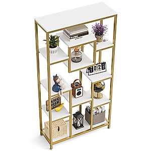 Tribesigns Bookcases and Bookshelves, 71” Tall Bookshelf with Metal Frame, Freestanding Geometric Bookcase with Open Display Shelf for Living Room, Bedroom, Home Office, White and Gold