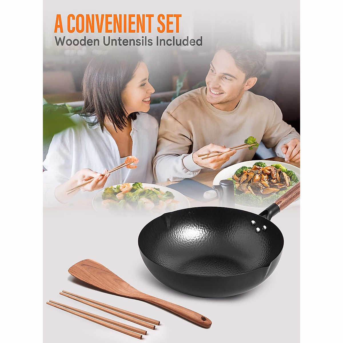 BrBrGo Carbon Steel Wok Pan, 5 Piece Authentic Chinese Wok & Stir-Fry Pans Set with Wooden Lid, No Chemical Coated Flat Bottom Chinese Woks Pan for All Stoves-13“