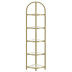 VASAGLE Corner Shelf Stand, 5 Tier Corner Bookshelf, Tempered Glass Shelves, Modern Style, Plant Stand with Steel Frame for Living Room, Bedroom, Kitchen, Bathroom, Golden Color ULGT810A01