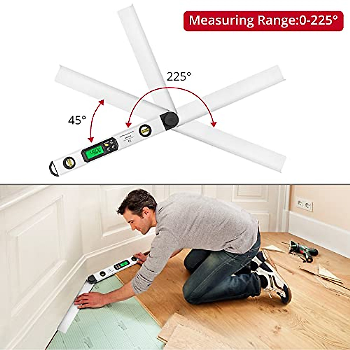 16 inch/40cm Aluminum Digital Angle Finder Built-in Bubble Vials, XUNTOP Digital Protractor 0-225° with Large Backlit Display Ideal for Interior Designer Carpenter Woodworker