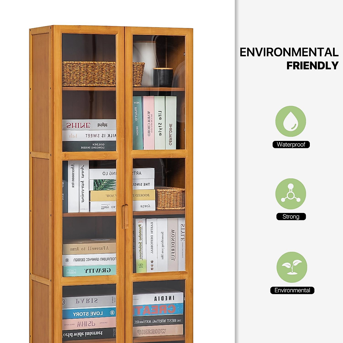 Magshion Bamboo 6-Tier Shelf Living Room Storage Tall Bookcase Cabinet with Clear Doors, Brown 23.5" L x 11.9" W x 59.1" H Home Office Multipurpose Tower Media Organizer Bookshelf
