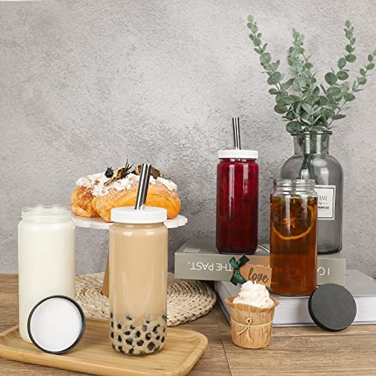 TOMNK 16 Pack 16oz Glass Juice Bottles with Lids and Straws Travel Drinking Glass Bottles with Caps Reusable Juice Jars Smoothie Cups for Tea, Kombucha, Boba Milk, Fruit Drinks, Beverage