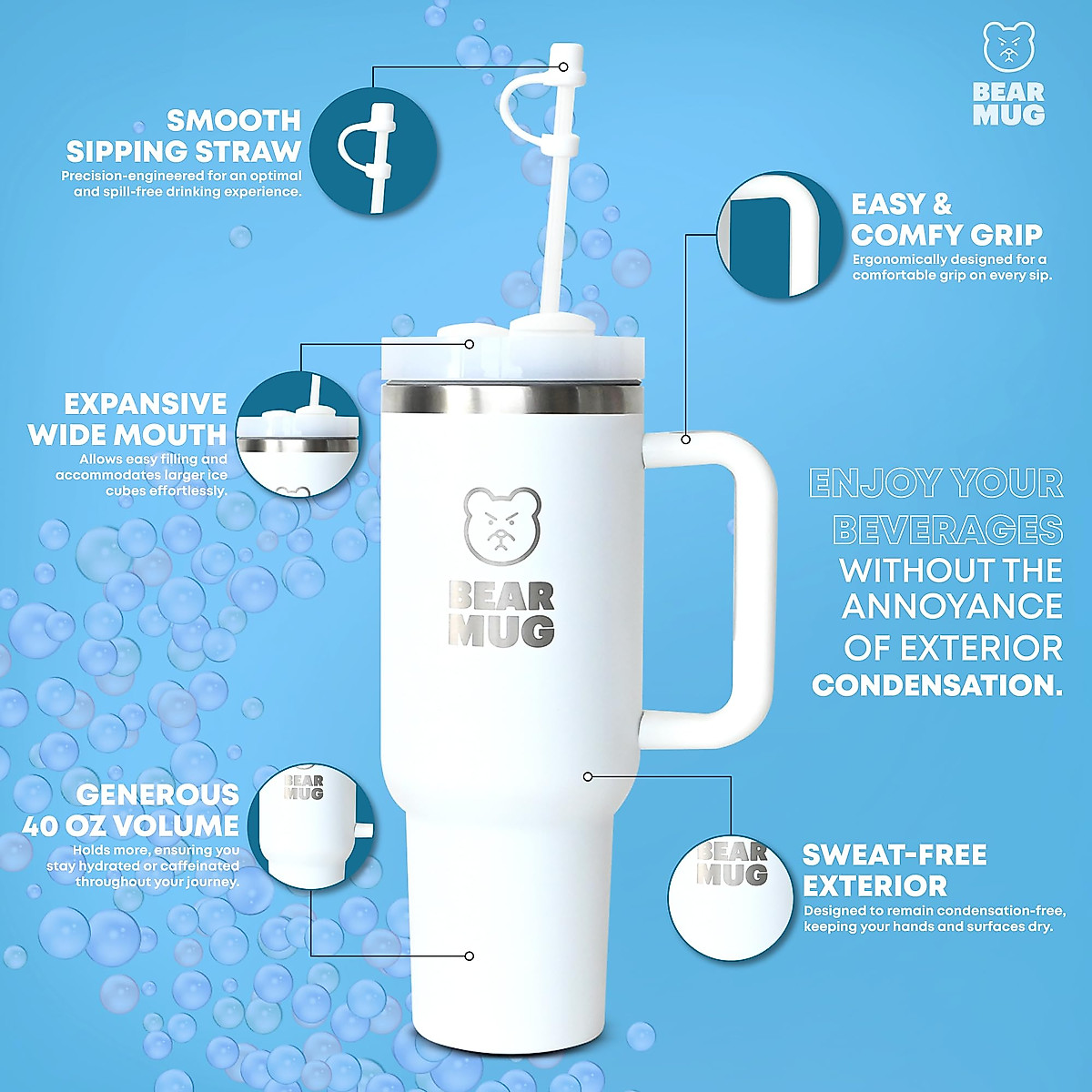 The Original Bear Mug: 40oz Insulated Flask With Handle & Straw | Hot & Cold Insulated | Stainless Steel Water Bottle Alternative | Travel Mug Fits Cupholders | Leak Proof (White)