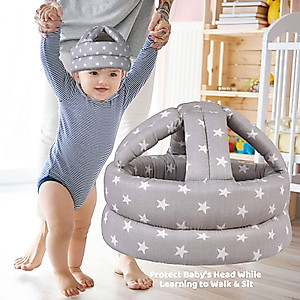 Baby Safety Helmet, Infant Baby Head Protector with 3 Pairs Baby Knee Pads for Crawling & 3 Pairs Baby Socks, Head Cushion Bumper Bonnet, Soft Headguard for Toddler Learning to Walk, Gray Star