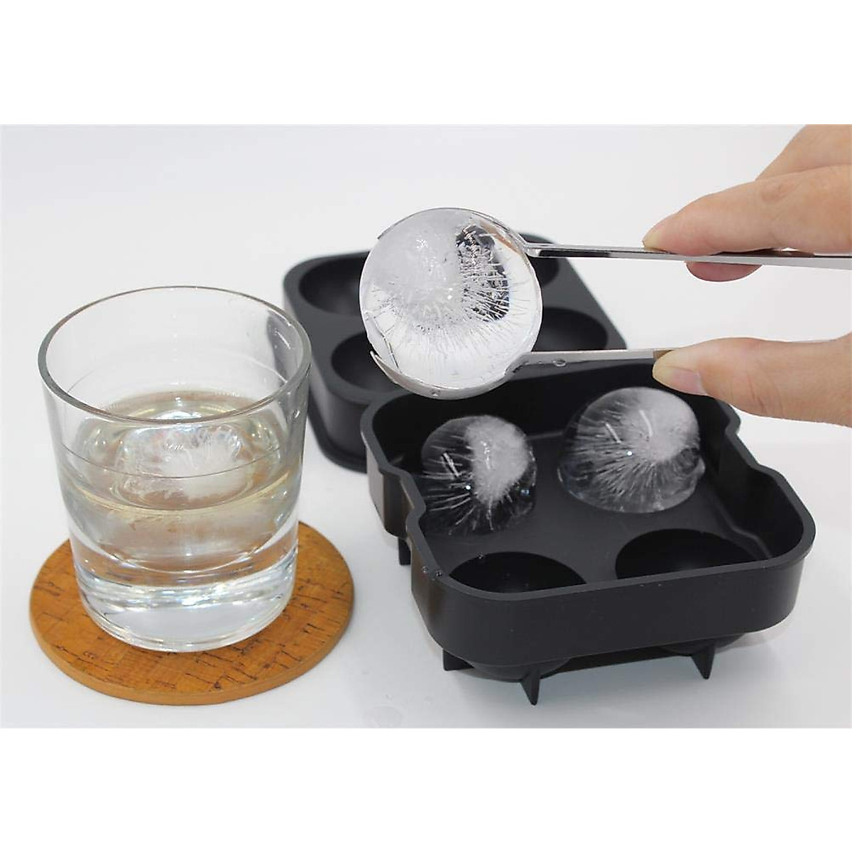 Whiskey Stones Set include 4 Large Sphere Granite Whiskey Rocks + Silicone Ice cube tray + Stainless Steel Tong. Large and Reusable whiskey stone could chill your Whiskey & Beverage longer