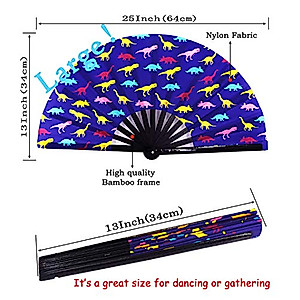 Amajiji Large Rave Folding Hand Fan for Men/Women, Chinease/Japanese Bamboo Hand Fan, Festival Accessories Performance Decoration Gift Dance Handheld Fan (Dinosaur)