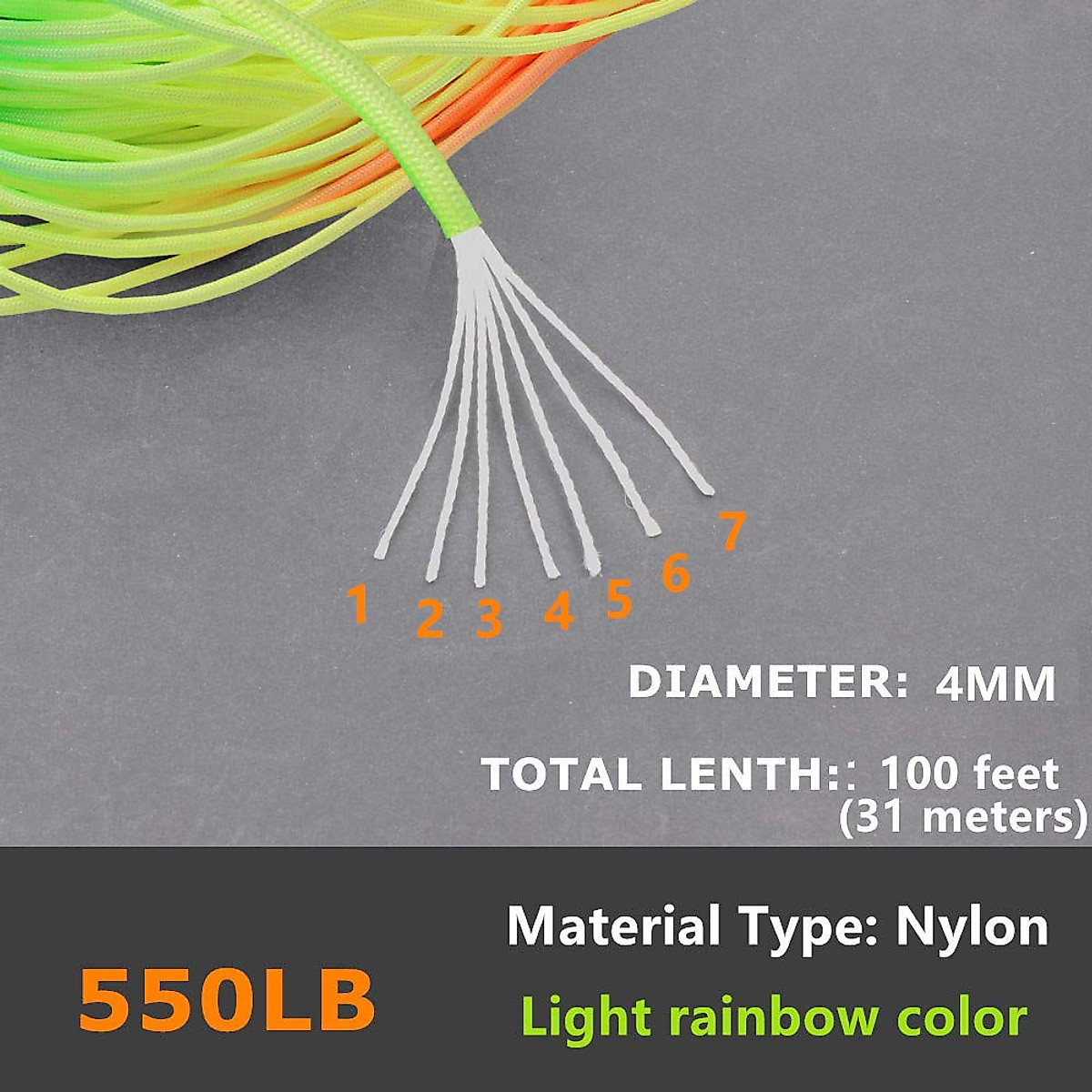 GeGeDa Rainbow Paracord 7 Core Nylon Parachute Cord Camping Rope 100FT … (Light Rainbow, 100)