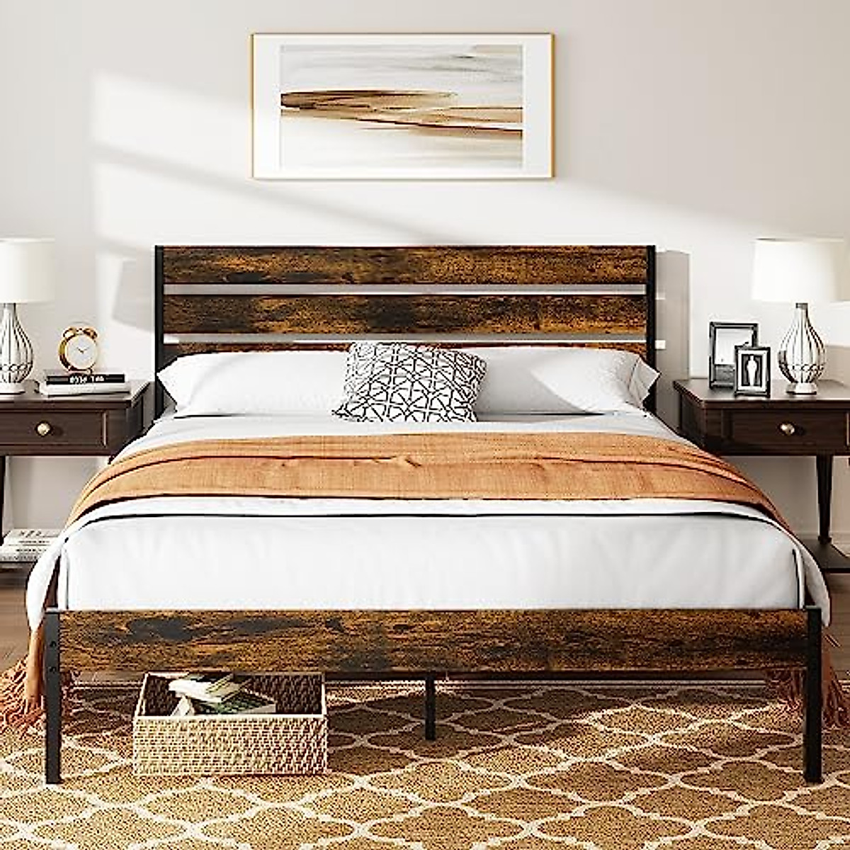 Walsunny Queen Size Bed Frame with Rustic Vintage Wood Headboard and Footboard, Strong Metal Slats Support, Under Bed Storage, Easy to Install, Sturdy and Stable, No Box Spring Needed
