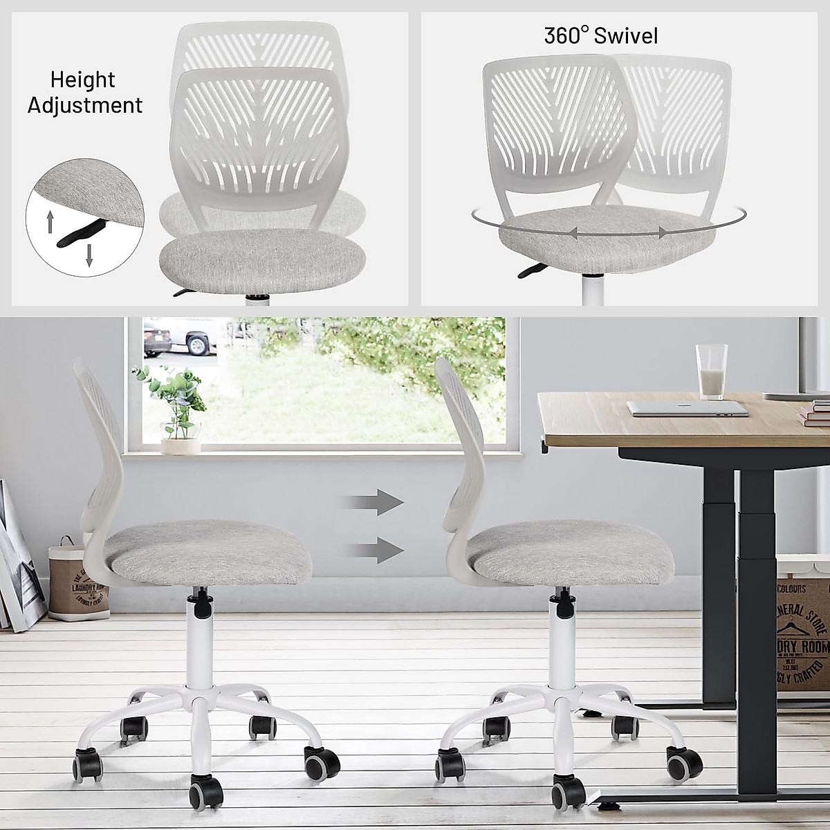 FurnitureR Desk Chair Armless, Study Computer Chair Adjustable Swivel for Student Children Kids, Comfy Cute Home Office Chair Fabric Seating Cushion and Plastic Low-Back with Rolling Wheels, Grey