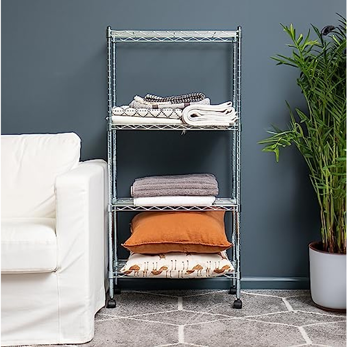 Mind Reader Alloy Collection Adjustable 4-Tier Industrial Storage Shelves with Wheels, Metal, 23.25" L x 13.5" W x 49.5" H, Silver