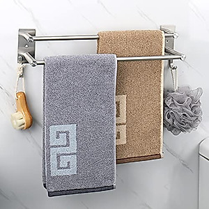NearMoon Double Towel Bar with Hooks, Bath Accessories Stainless Steel Shower Towel Rack, Towel Rod Holder for Bathroom/Kitchen, Self Adhesive&Wall Mounted Installation (Brushed Nickel, 16 Inch)