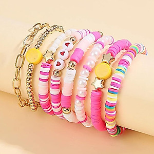 GIGB PBDK Heishi Summer Surfer Bracelets Set,Colorful Preppy Heart Star Stretch Beaded Bracelet Y2K Clay Polymer Aesthetic Beach Layering Jewelry