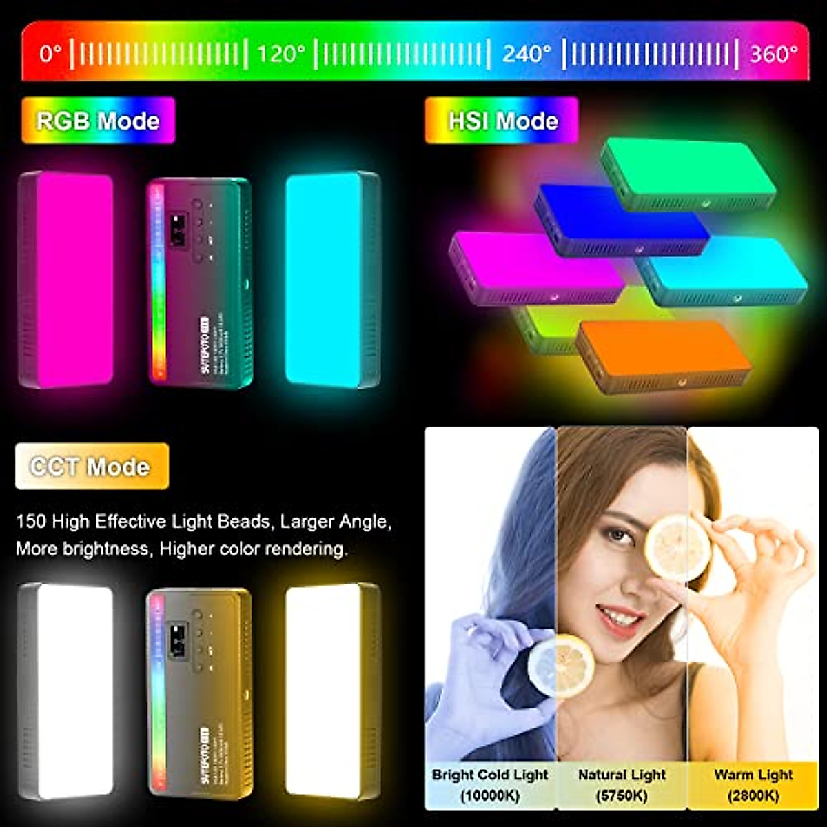 Sutefoto RGB LED Video Light 15 (W) /360° Full Colors/CRI 96+/5000mAh Battery/ 2800K-10000K On-Camera Lighting Mini Pocket Light for Vlog YouTube Videos, Portable LED Camera Light.