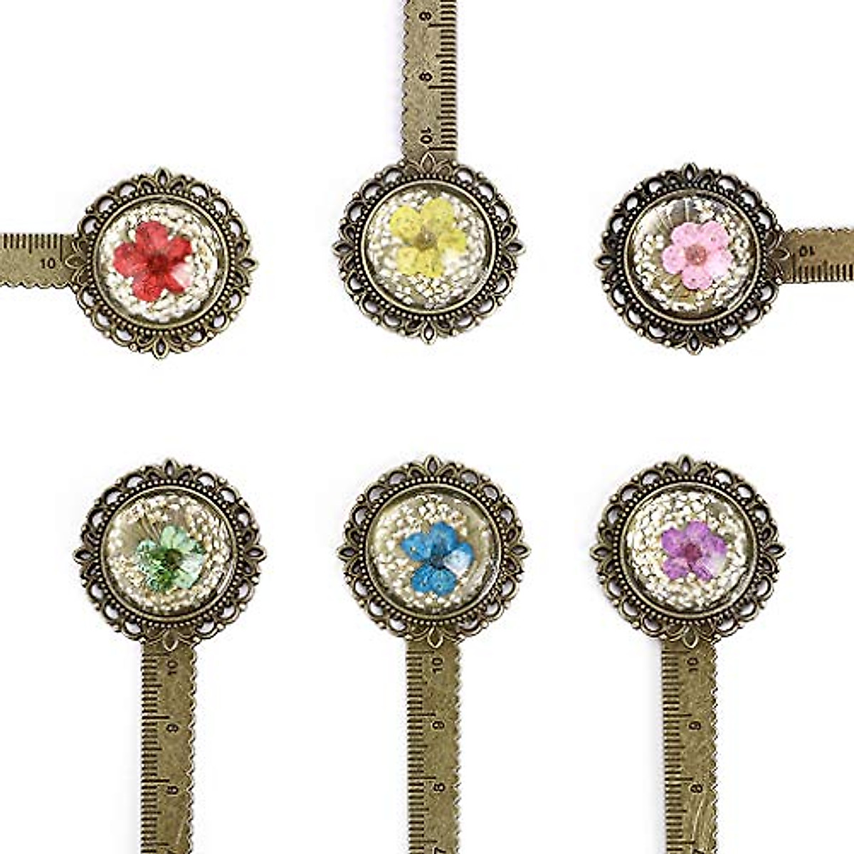 OwnMy 6 Pcs of Metal Bookmark Ruler, Bronze Book Mark Retro Bookmark with Vintage Dried Flower, Bookmark for Student, Kids, Teacher, Book Club (Cherry Blossoms)
