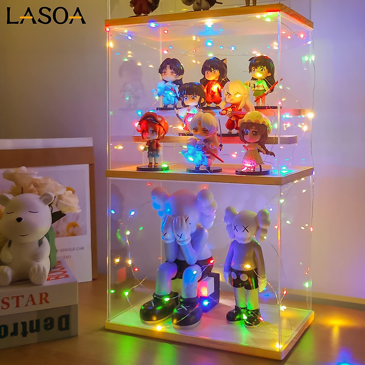 LASOA 4 Tier Acrylic Display Case for Collectibles, Alternative Glass Display Box with Wood Base and Lid, Self-Assembly Clear Shelf Showcase for Figurine Memorabilia (11.8x8.9x11inch; 30x22.5x28cm)