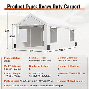 VEVOR Carport 10x20ft, Upgraded Version Car Canopy Portable Garage, Heavy Duty Car Port with Roll-up Ventilated Windows & Removable Sidewalls, UV Resistant Waterproof All-Season Tarp for SUV Truck