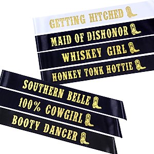POP FIZZ DESIGNS Nashville Bachelorette Party Sashes | 7 Pack | Includes 1 Bride Sash “Getting Hitched” | 6 Funny Bride Tribe Sashes for Bridal Party