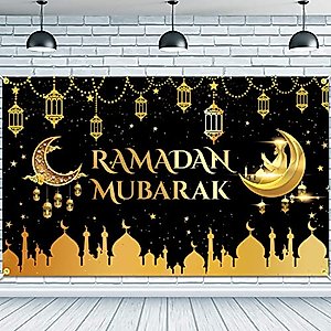JKQ Ramadan Mubarak Backdrop Banner 71 x 43 Inch Muslim Ramadan Background Banner Lantern Moon Castle Islamic Eid Mubarak Festival Party Decorations Ramadan Kareem Indoor Outdoor Photo Booth Props