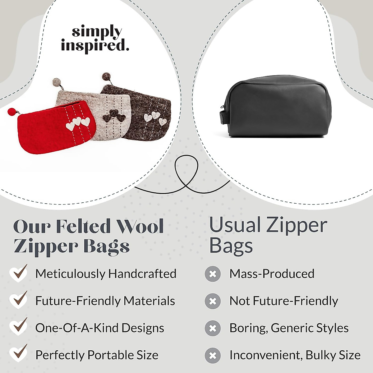 Simply Inspired Handmade Wool Heart Purse Cosmetic Pouch - Mini Cosmetic Pouch - Small Makeup Bag - Travel Red Heart Bag Is a Great Gift for Women - Set of 3