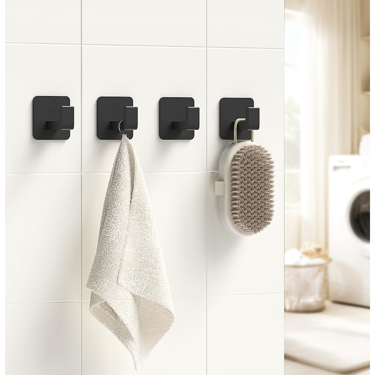 GWAAZXGZ Square Self Adhesive Towel Hooks - Matte Black Bathroom Hooks for Hanging Towel, Coats, Modern and Stylish Hooks for Bathrooms and Kitchen, 2 Pack