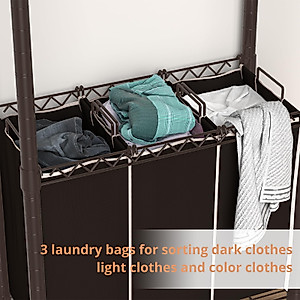 Hodonas Laundry Sorter 3 Section with Hanging Bar, Rolling Laundry Hamper Cart 3-Bag Laundry Basket Organizer Sorter with Hanging Rack Lockable Wheels and Removable Bags for Clothes Storage, Espresso