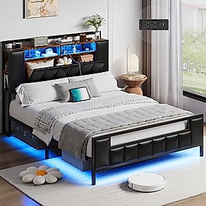 Alohappy Queen Bed Frame with Storage Headboard & Charging Station, PU Leather Platform Bed Frame Queen Size with LED Lights and Hidden Storage, Heavy Duty Metal Slats, No Box Spring Needed, Black