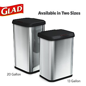 Glad Stainless Steel Trash Can with Clorox Odor Protection | Touchless Metal Kitchen Garbage Bin with Soft Close Lid and Waste Bag Roll Holder, 20 Gallon, Motion Sensor