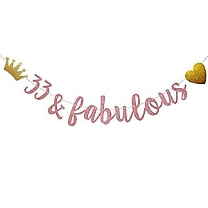 33 & fabulous Banner, Pre-Strung, No Assembly Required, Funny Rose Gold Paper Glitter Party Decorations for 33rd Birthday Party Supplies, Letters Rose Gold,ABCpartyland