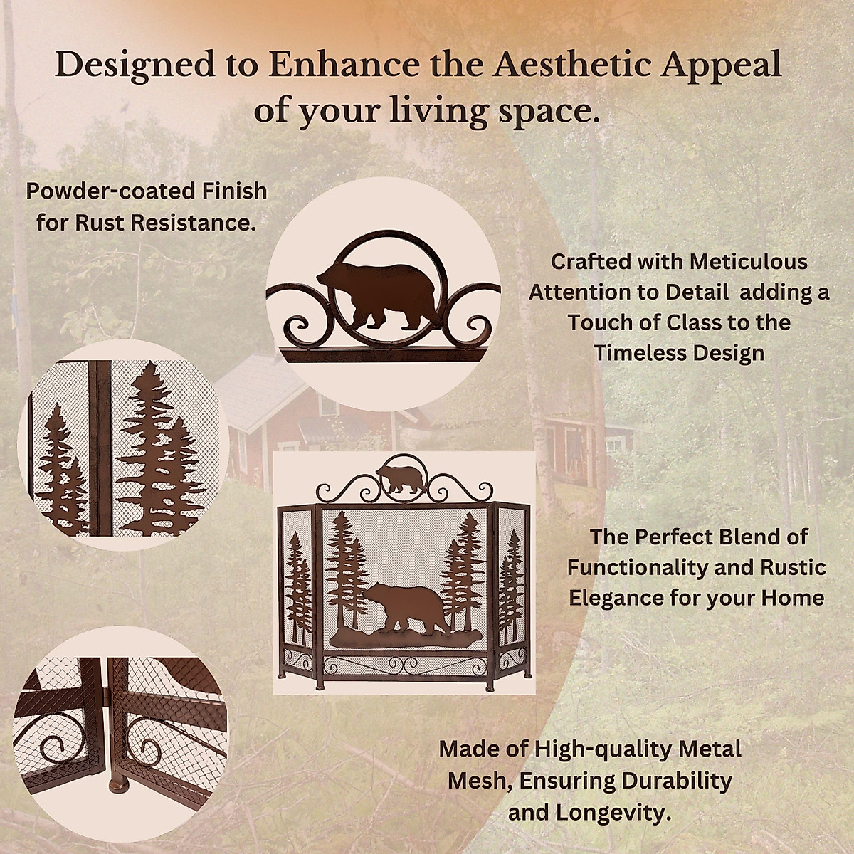 BestGiftEver 3-Panel Fireplace Screen Decorative with Bear Alone in The Forest - Stand Alone Fireplace Cover Metal Mesh Screen - Home Decorative Firescreen for Cabin, Wildlife, and Woodland Theme