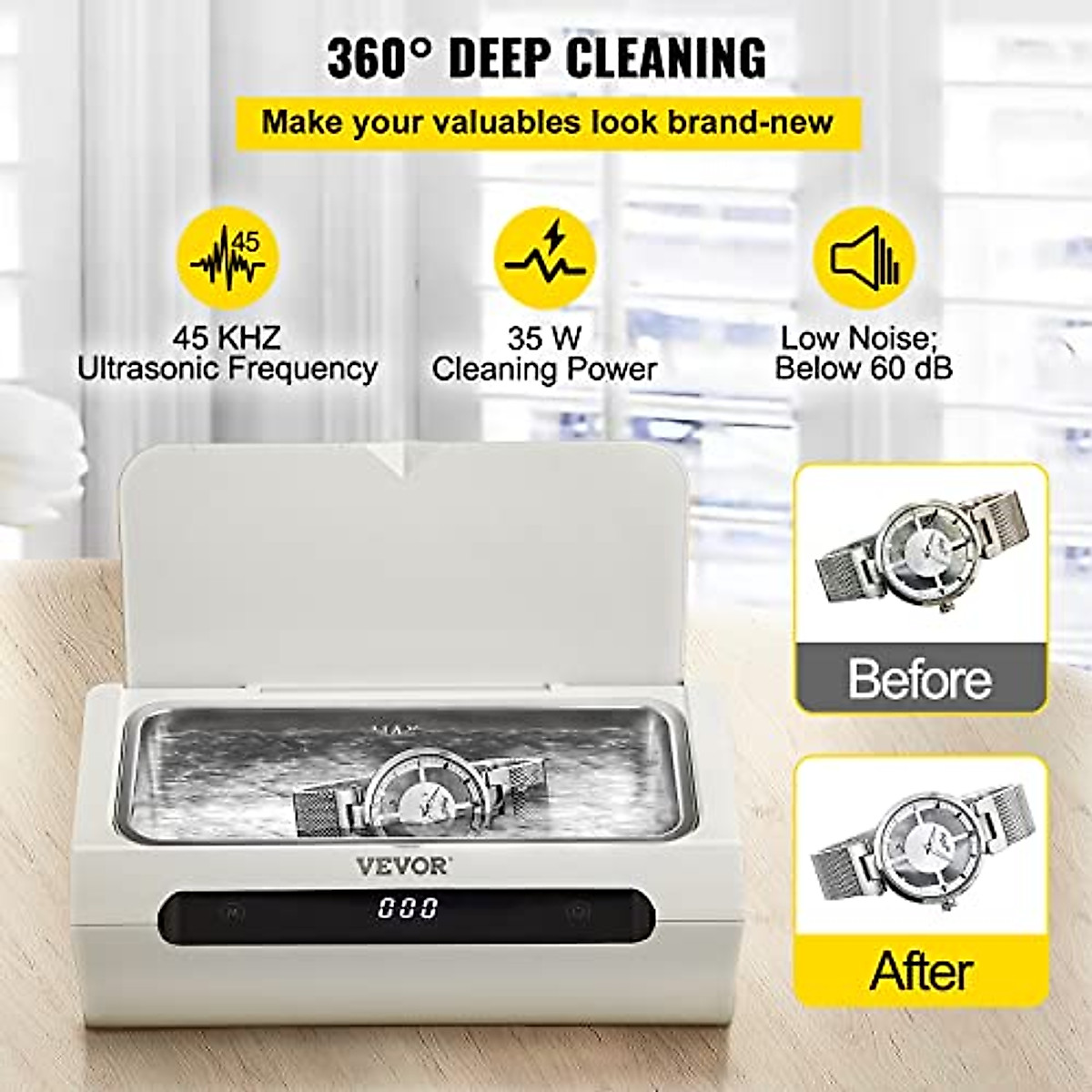 VEVOR Ultrasonic Jewelry Cleaner, 45kHz 500ml, Professional Ultrasonic Cleaner w/ 4 Digital Timer & SUS 304 Tank, Cleaning Basket Included, Ultrasonic Cleaner Machine for Jewelry Watches Coins, White