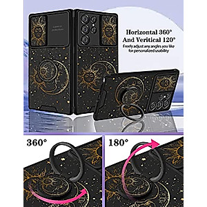 Goocrux (2in1 for Samsung Galaxy S22 Ultra Case Sun Moon Stars for Women Girls Cute Phone Cover Fashion Golden Star Print Pattern Design with Slide Camera Cover+Ring Holder Cases for S22 Ultra 6.8''