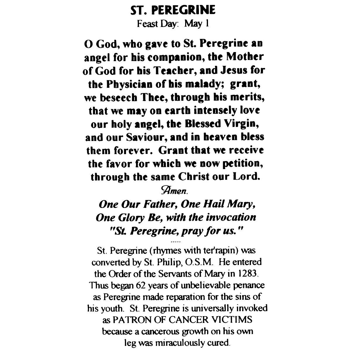 Mcvan Mfg. Women's St. Peregrine Medal with Prayer Card