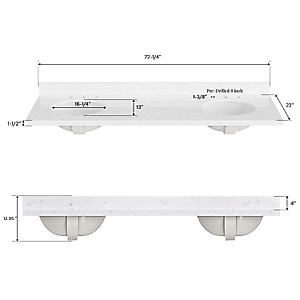 ARIEL 72 inch double bathroom vanity top with sink, 1.5 Inch Thick Miter Edge Carrara White Quartz top, Oval double sink vanity top, Includes Backsplash